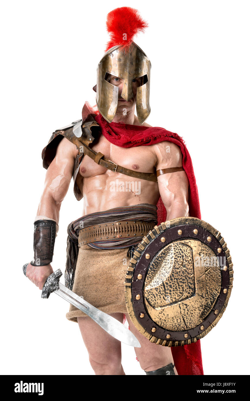 Ancient warrior or Gladiator posing over a white background Stock Photo ...