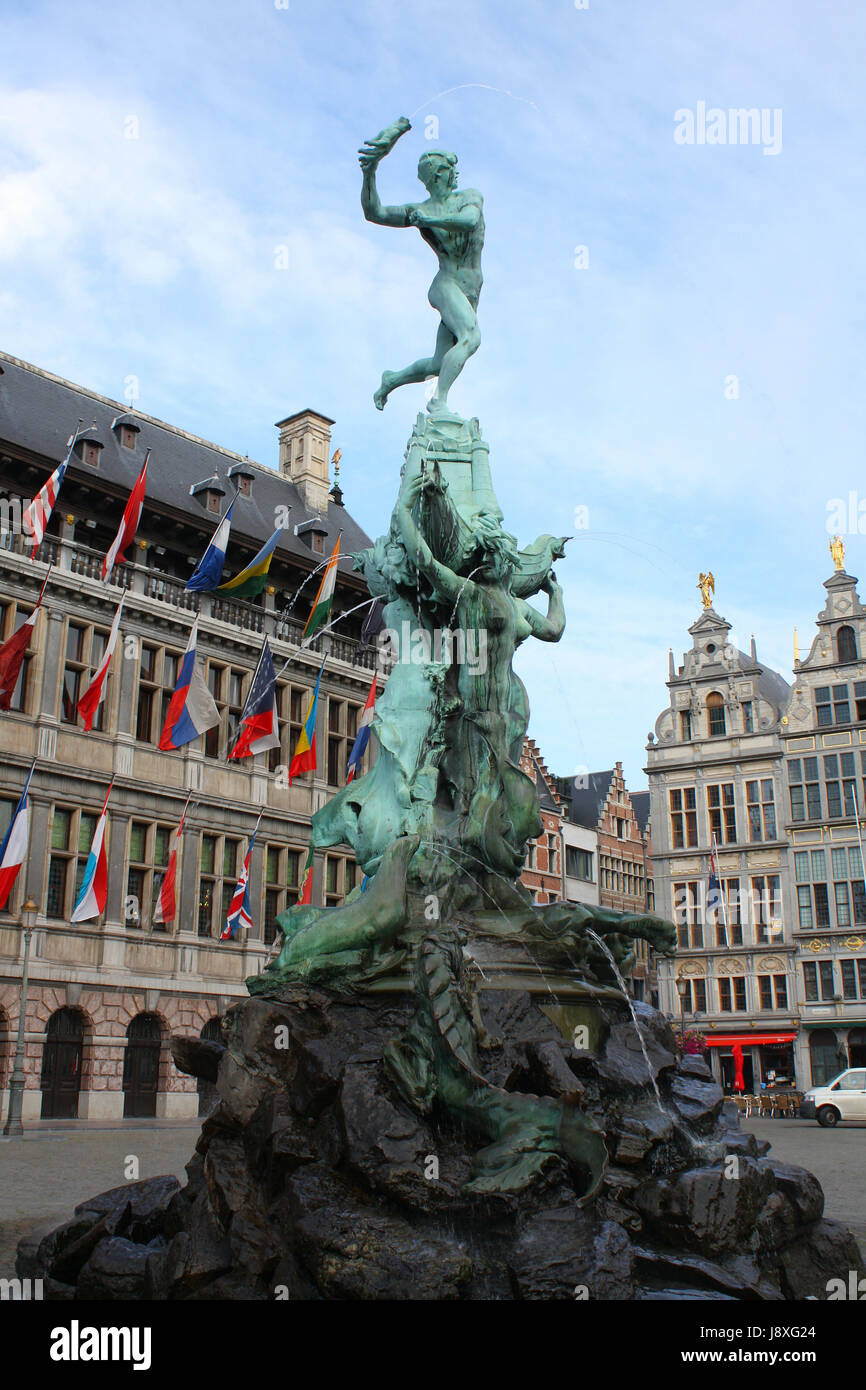statue, town hall, belgium, fountain, antwerp, blue, historical, statue ...