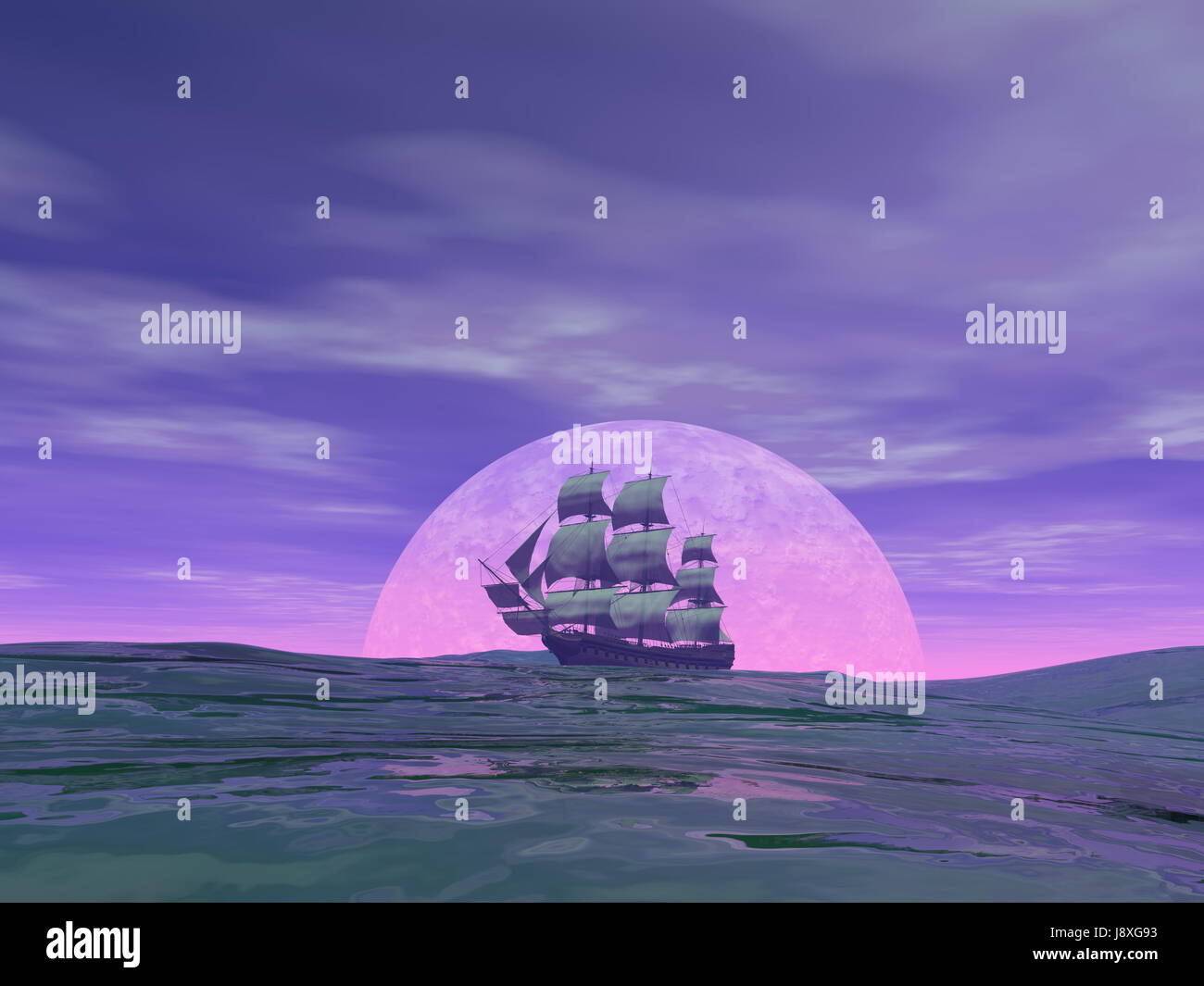 Old merchant ship in front of the moon on the ocean by cloudy sunset ...