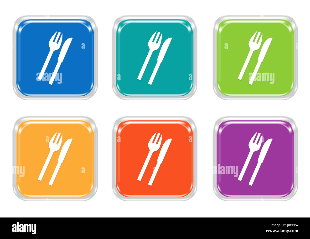 Set of squared colorful buttons with restaurant symbol in blue, green ...