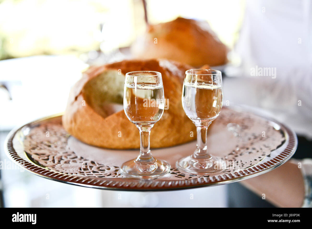 Polish wedding tradition bread, salt and vodka Stock Photo - Alamy