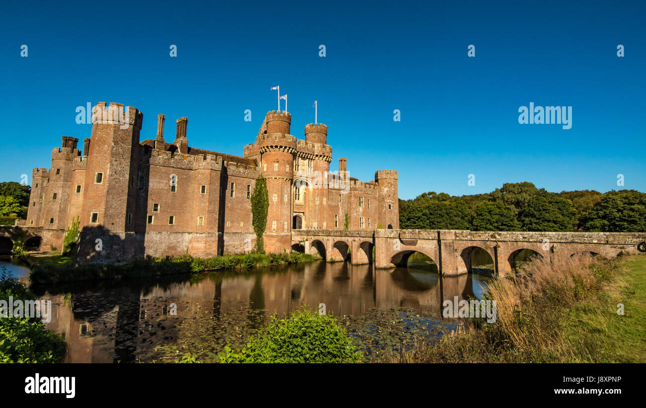 View of a moated brick castle in Southern England Stock Photo - Alamy