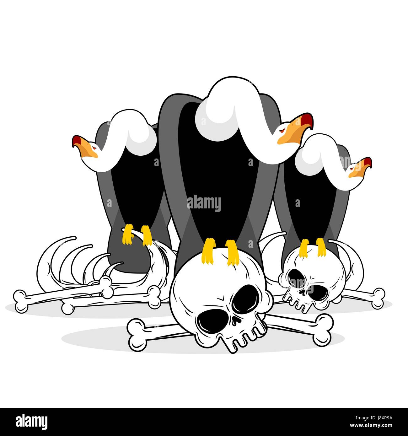 Vultures on skull isolated illustration. Griffon gnaw remains of ...