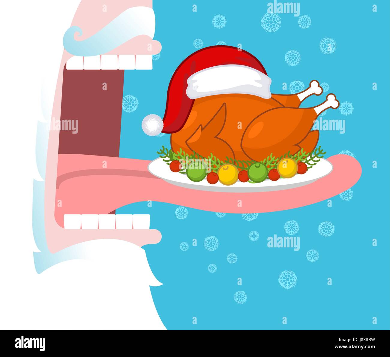 Santa eating Christmas turkey. Open mouth and teeth. Long tongue. Food ...