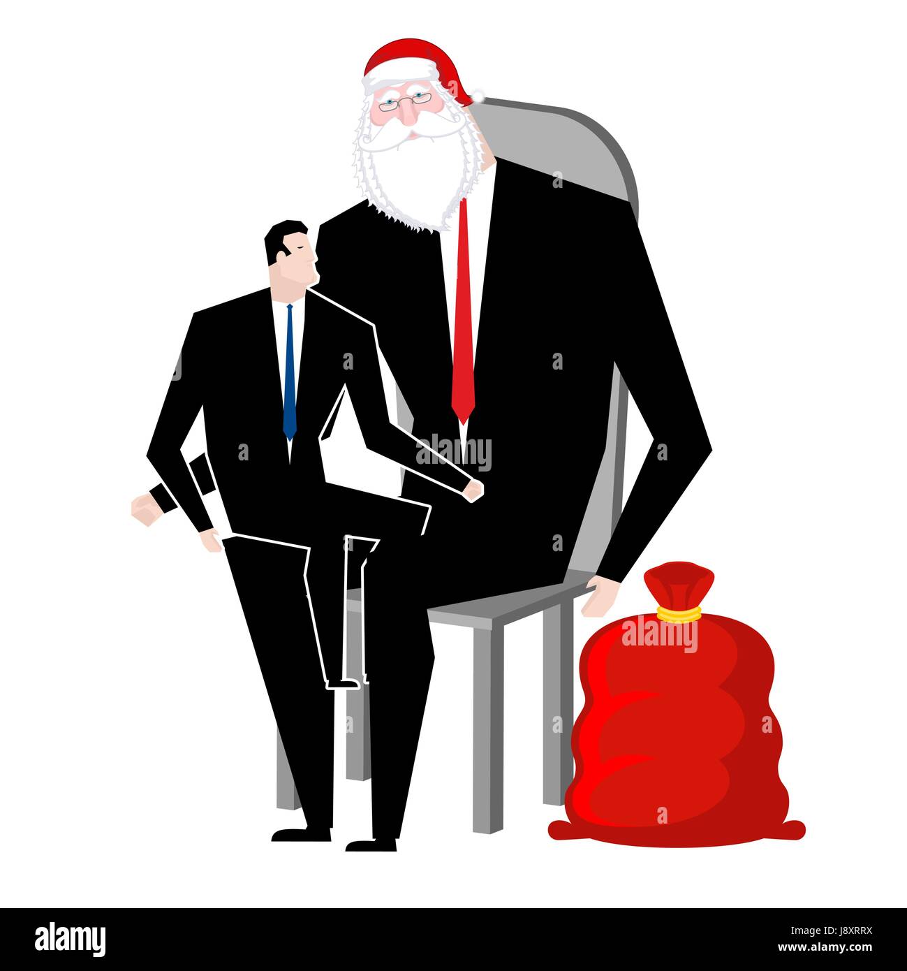 Santa Claus congratulates employee. Manager sitting on lap of boss ...