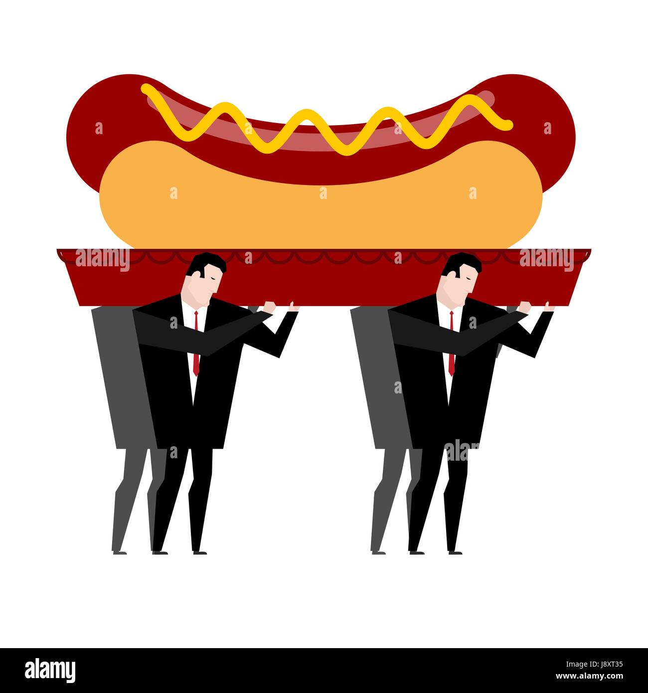 Funeral hot dog. Fast food is carried in coffin. burial of junk food ...