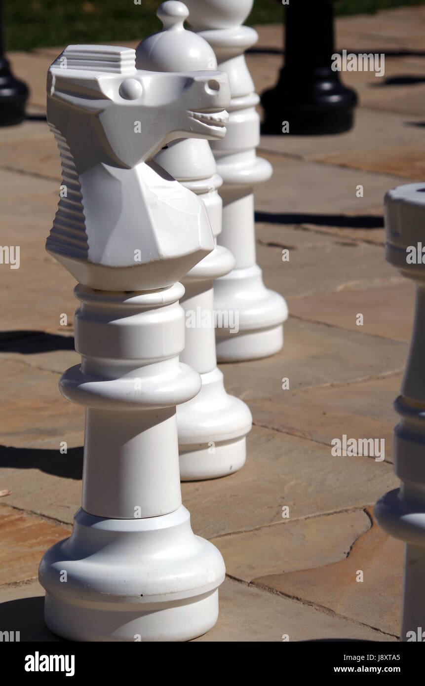 Outdoor chess set, white knight in front, black in background with the ...