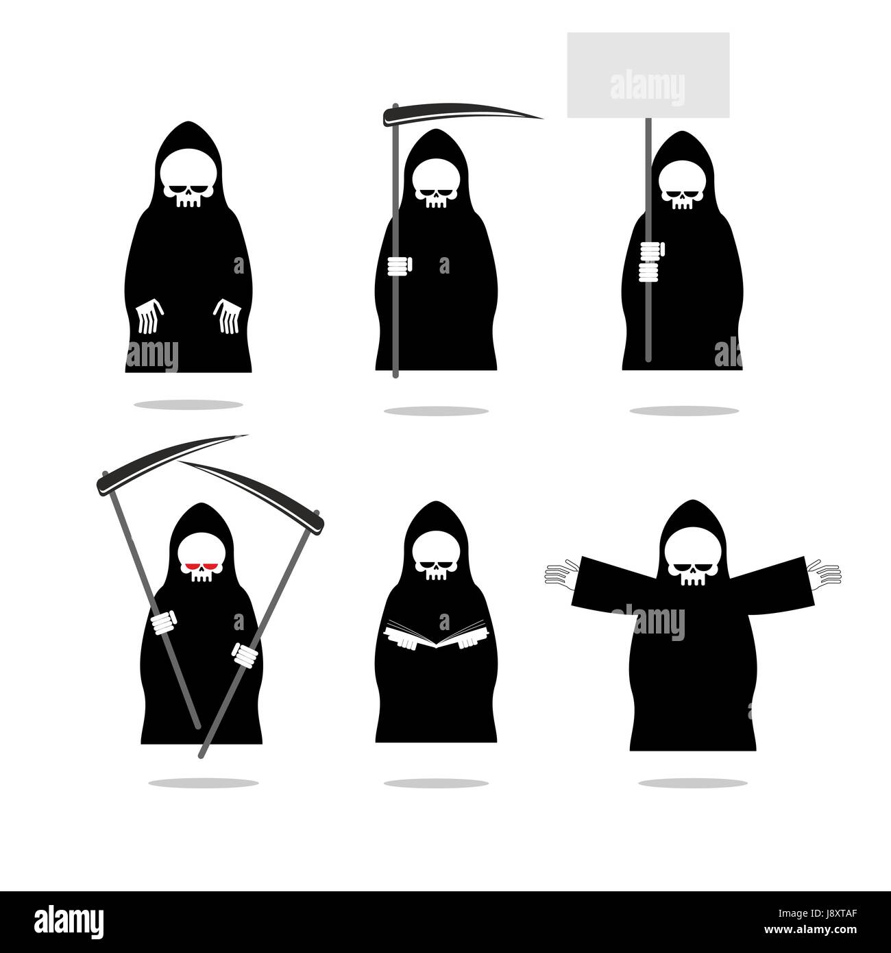 Set deaths in overalls. Grim Reaper in different poses. Skeleton in ...