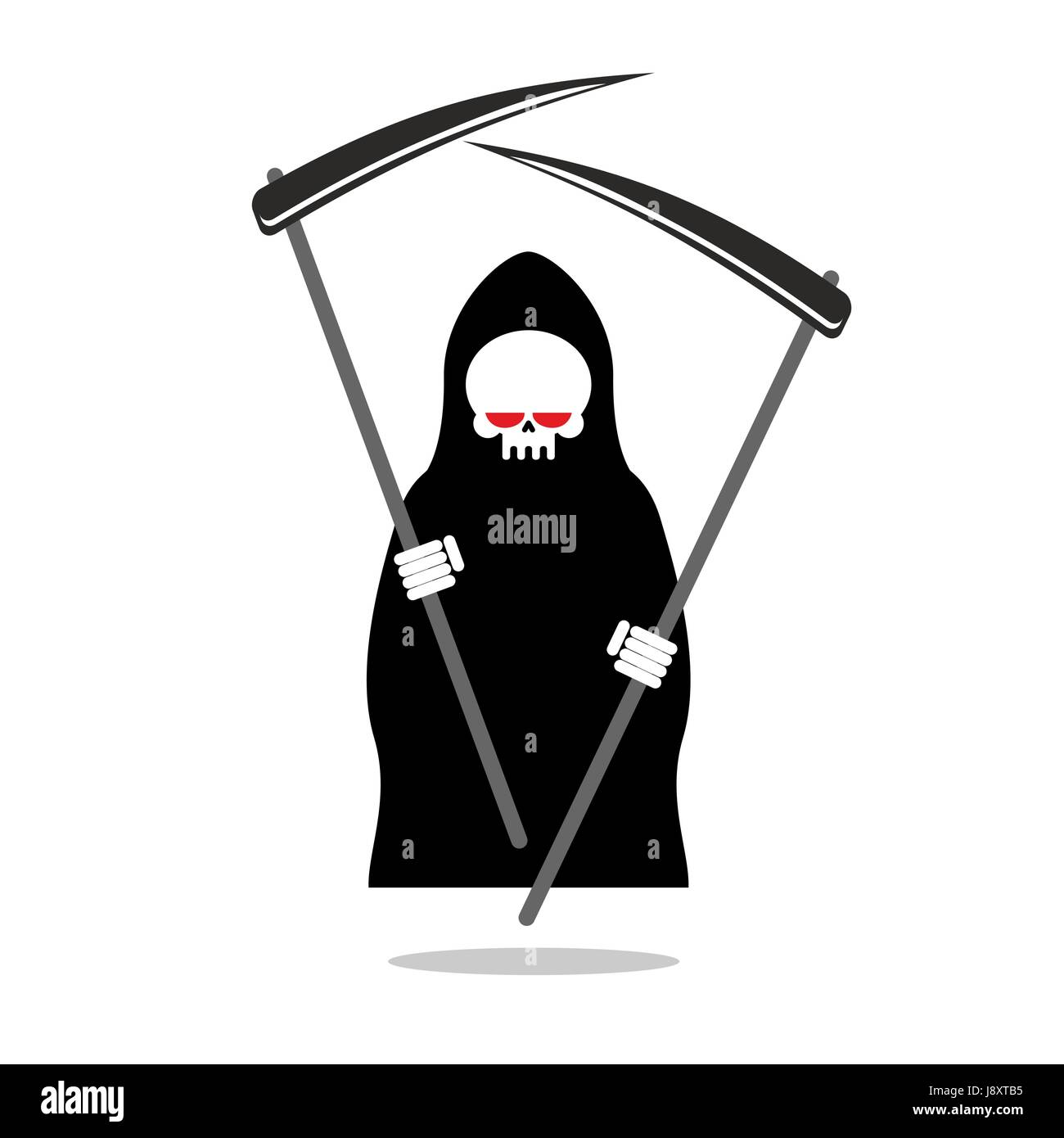 Death with two scythe. Ferocious Grim Reaper with red eyes. Skeleton in ...