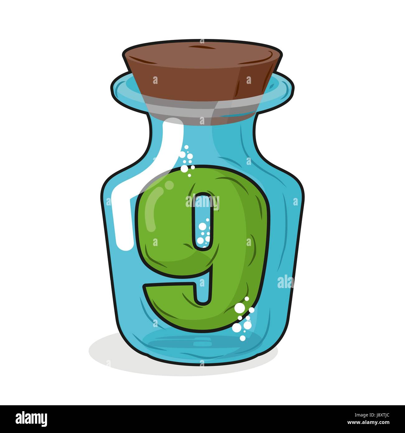 number 9 in bottle. Green figure in a blue glass jar. Magic potion ...