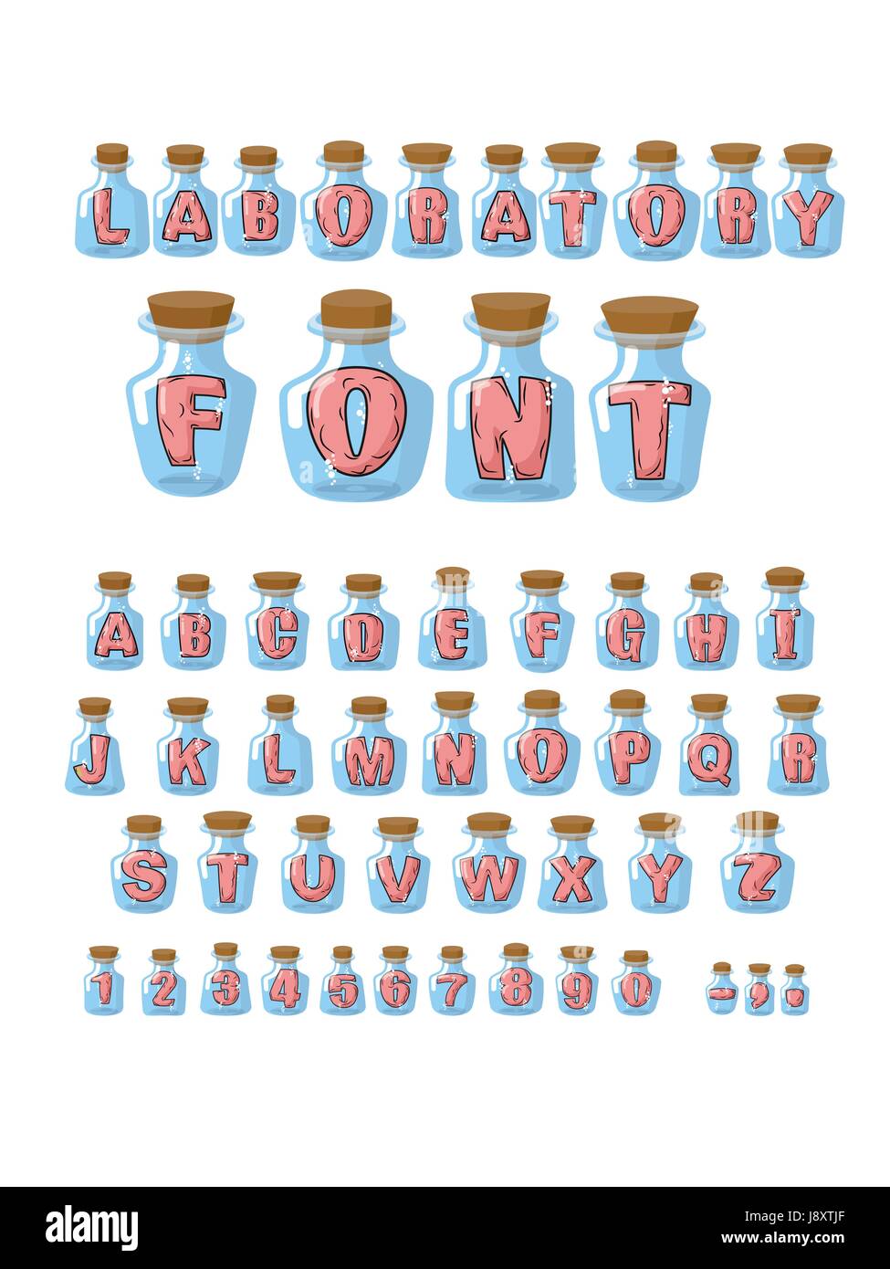 Laboratory font. Pink live letters in glass laboratory flasks. Alphabet ...