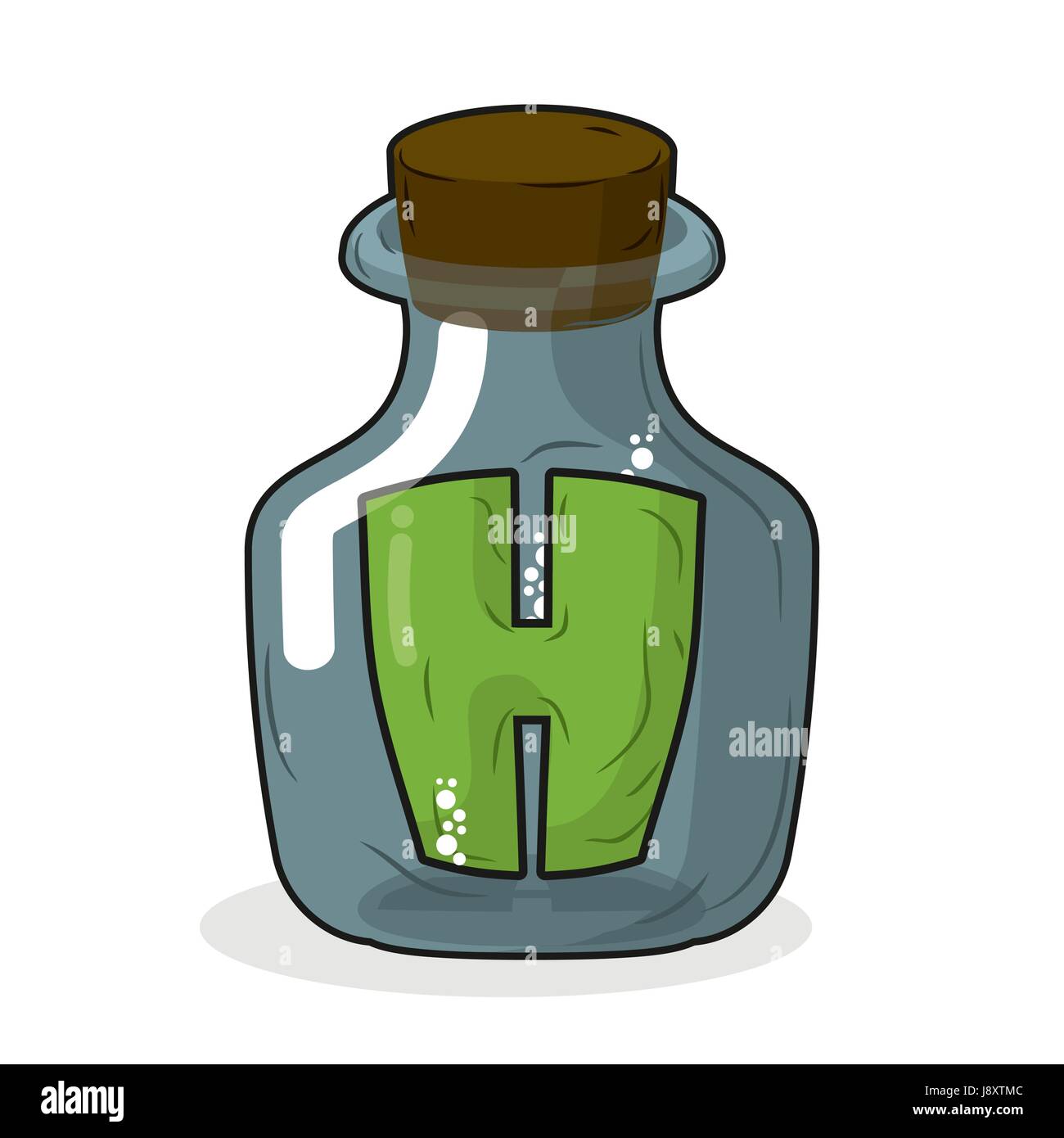 H in laboratory bottle. Letter in magic pot with a wooden stopper ...
