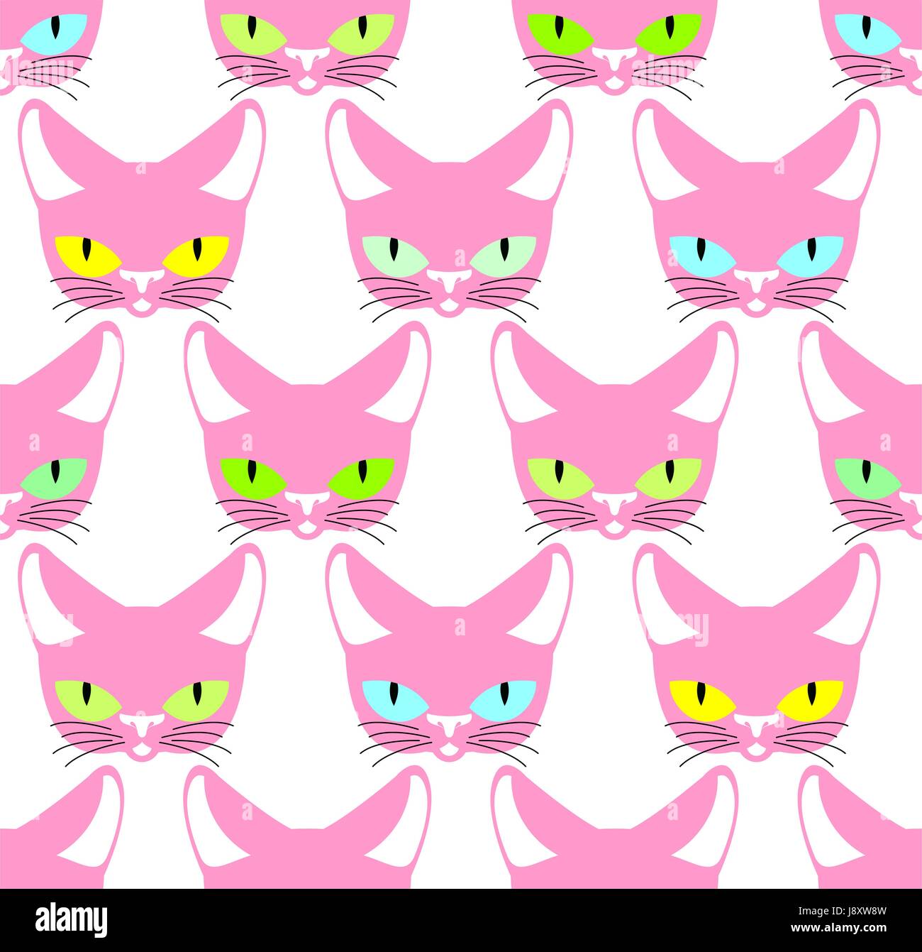 Cute pink cat with colored eyes seamless pattern. Vector background of ...
