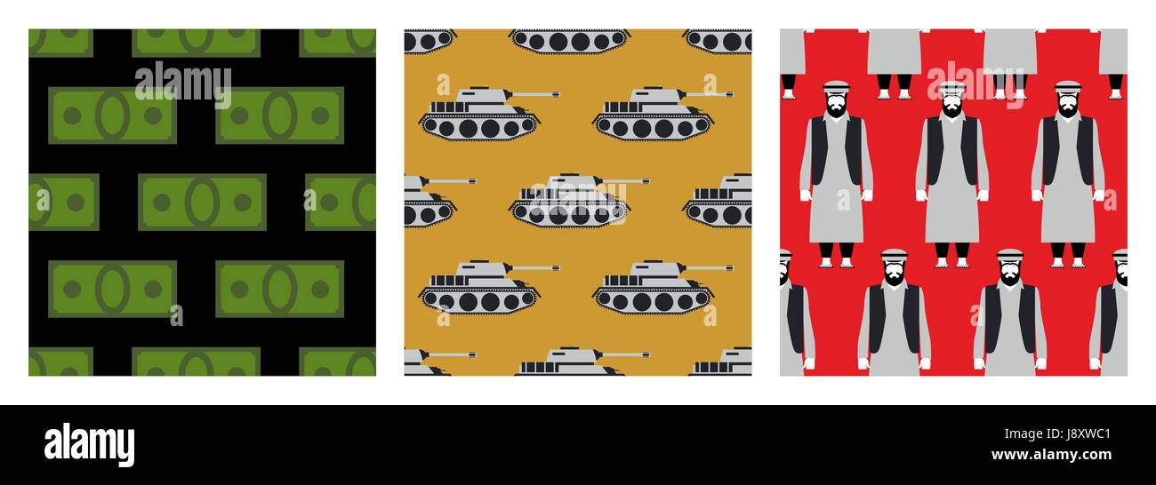 War in Syria. Set of seamless pattern. Many money. Military transport ...