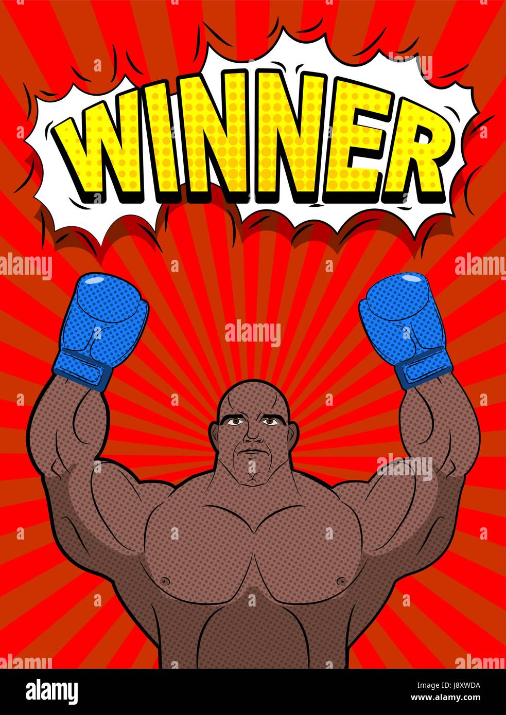 Winner in style of pop art. African American boxer wearing blue boxing ...