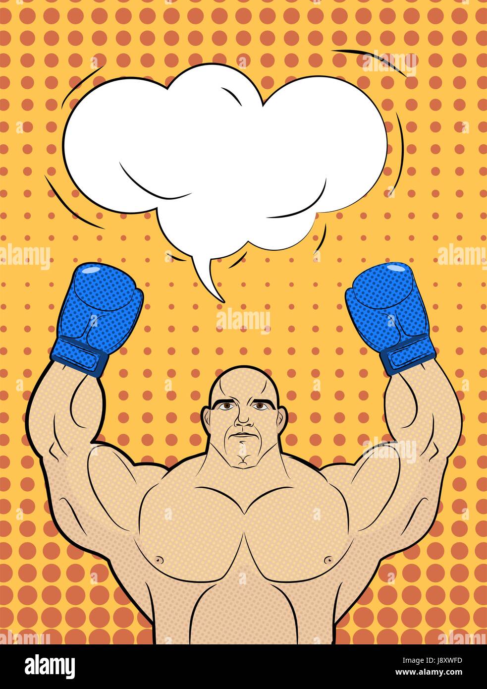Boxer-style pop art with a bubble over his head. Strong man raised up ...