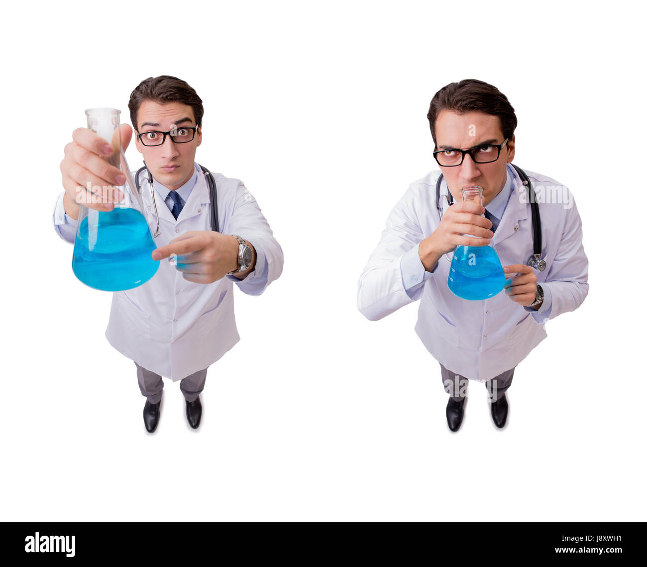 Funny doctor with blue liquid isolated on white Stock Photo - Alamy
