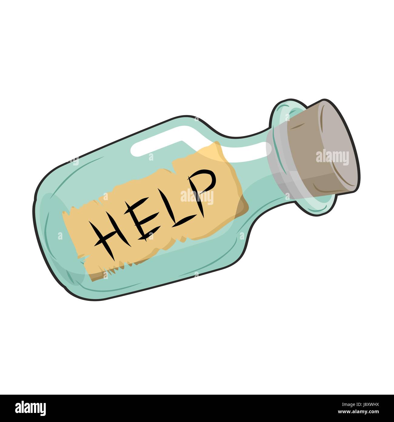 Help in bottle. Glass vessel with wooden stopper. Paper with text SOS ...