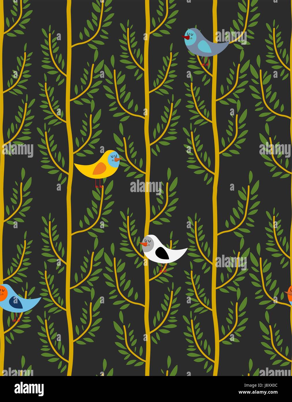 Birds on trees seamless pattern. Vector background of forest with birds ...