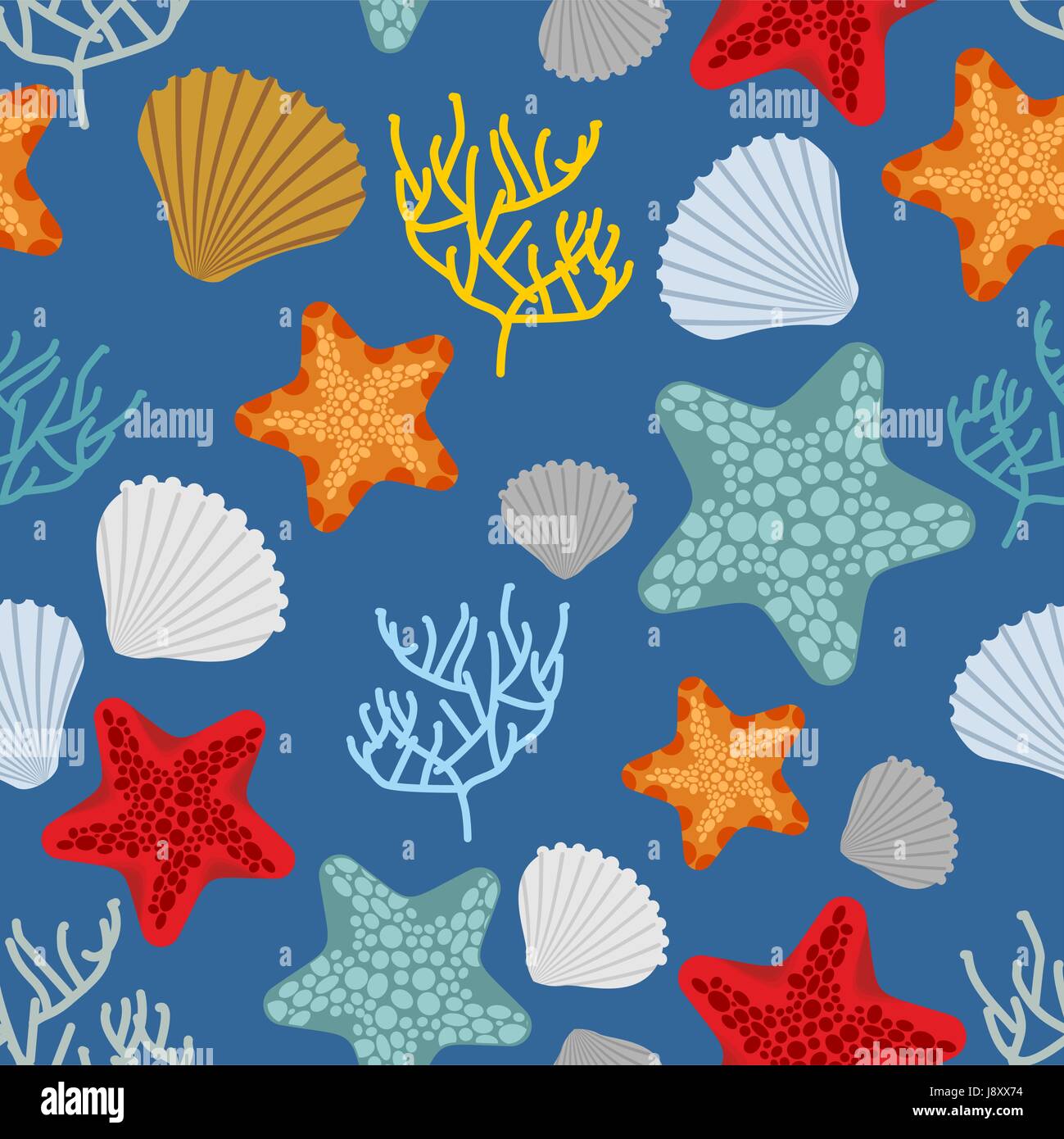 Marine seamless pattern. Starfish, scallop and corals. Clam shells and ...