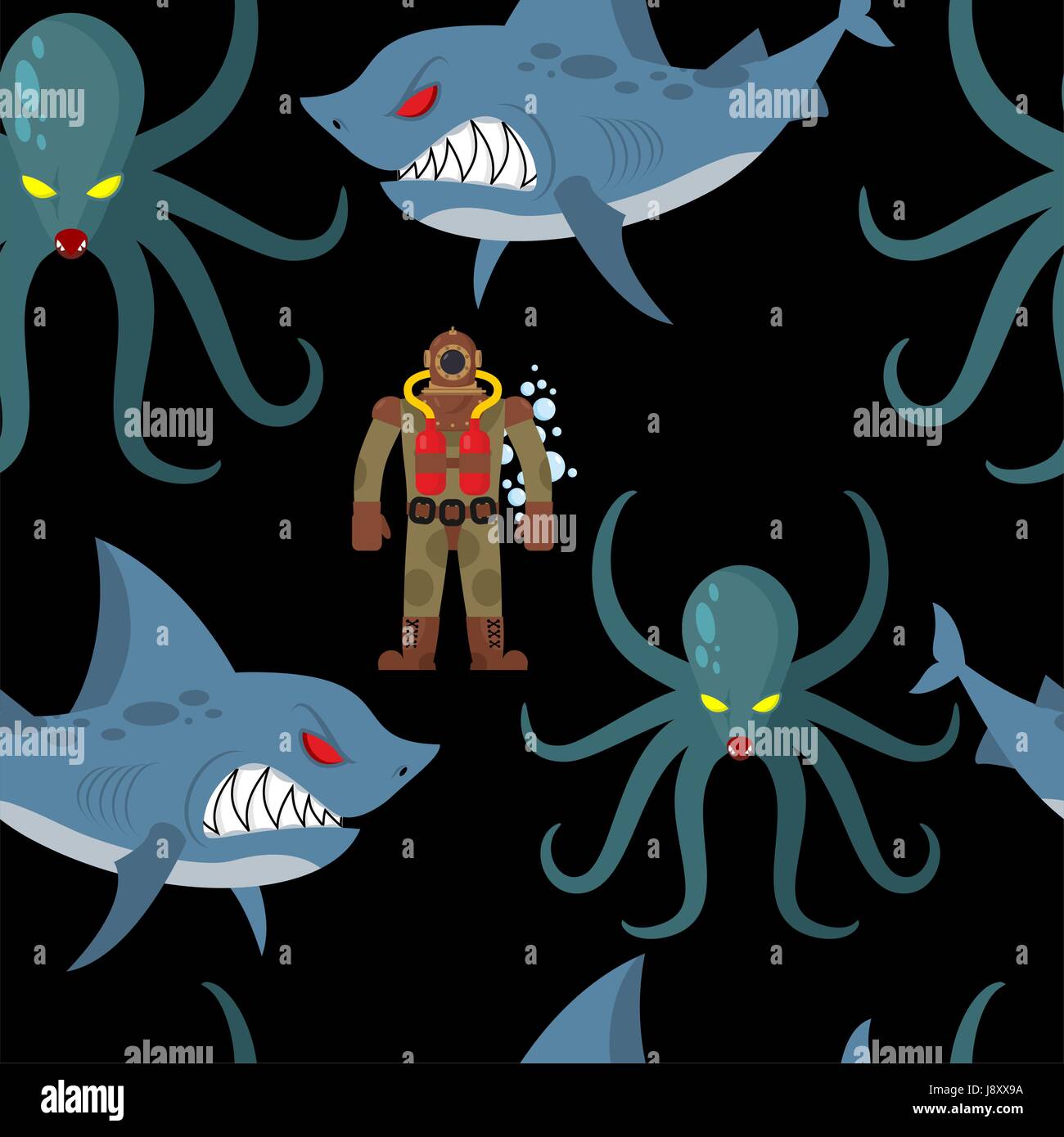 Diver in old diving suit and sea monsters seamless pattern. Wicked ...