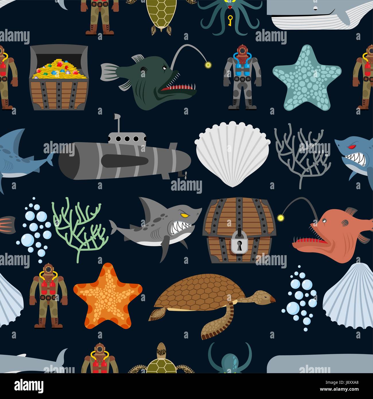 Ocean seamless pattern. Ocean inhabitants. Starfish and shark on black ...