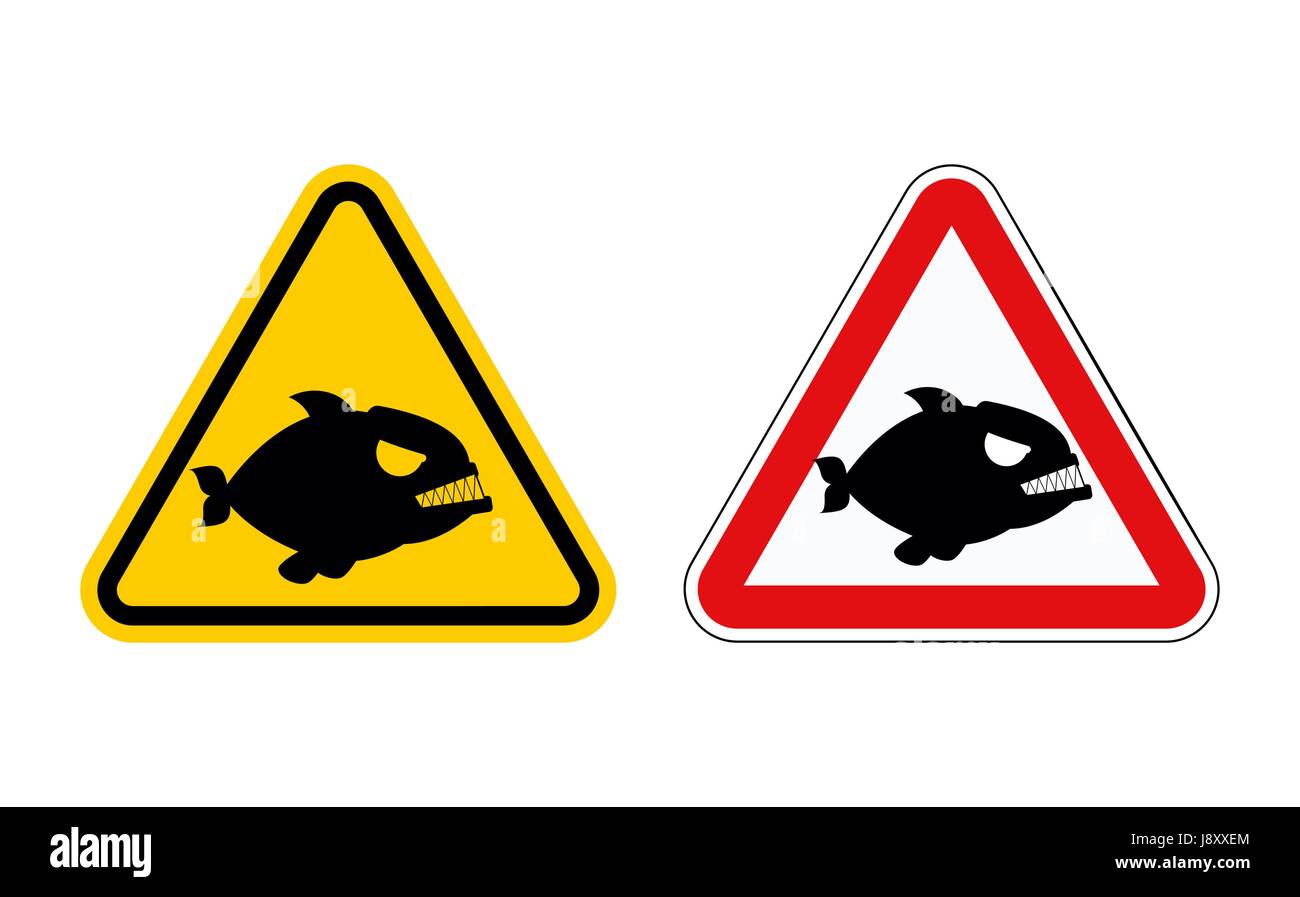 Dangerous marine predator. Attention of Piranha. Hazard symbols. Set of ...