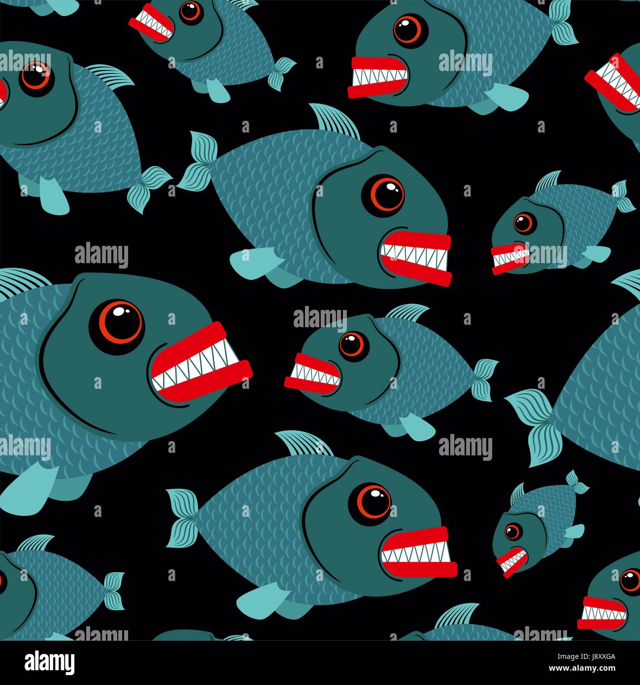 Toothy fish seamless background. Evil piranhas in sea. Vector ornament ...