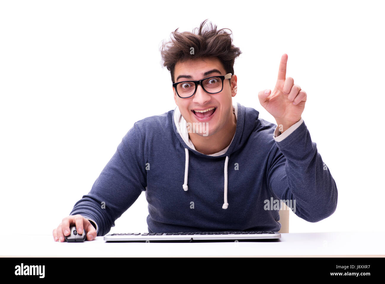 Funny nerd man working on computer isolated on white Stock Photo - Alamy