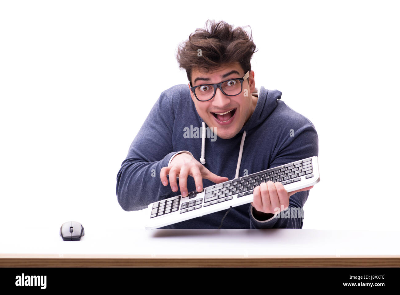 Funny nerd man working on computer isolated on white Stock Photo - Alamy