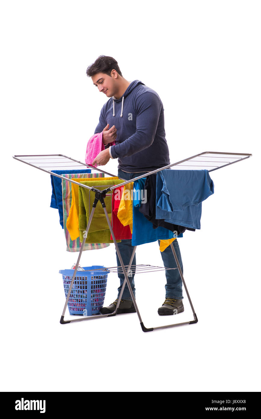 Husband man doing laundry isolated on white Stock Photo - Alamy