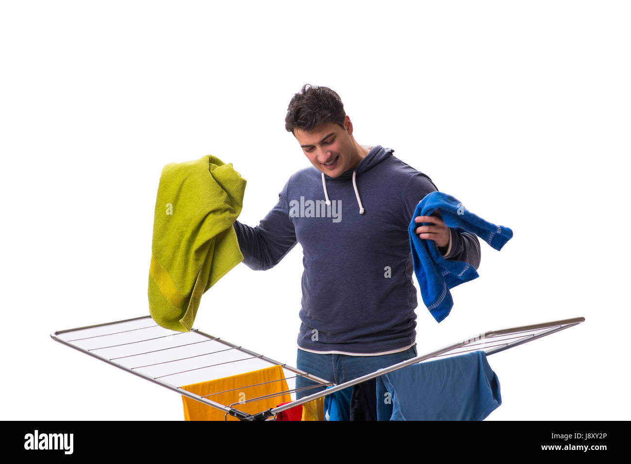 Husband man doing laundry isolated on white Stock Photo - Alamy