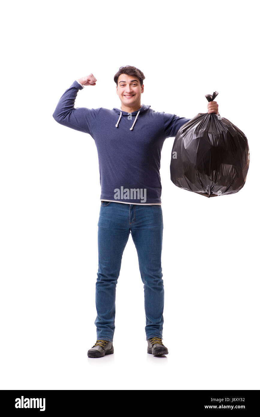 Man with garbage sack isolated on white Stock Photo - Alamy