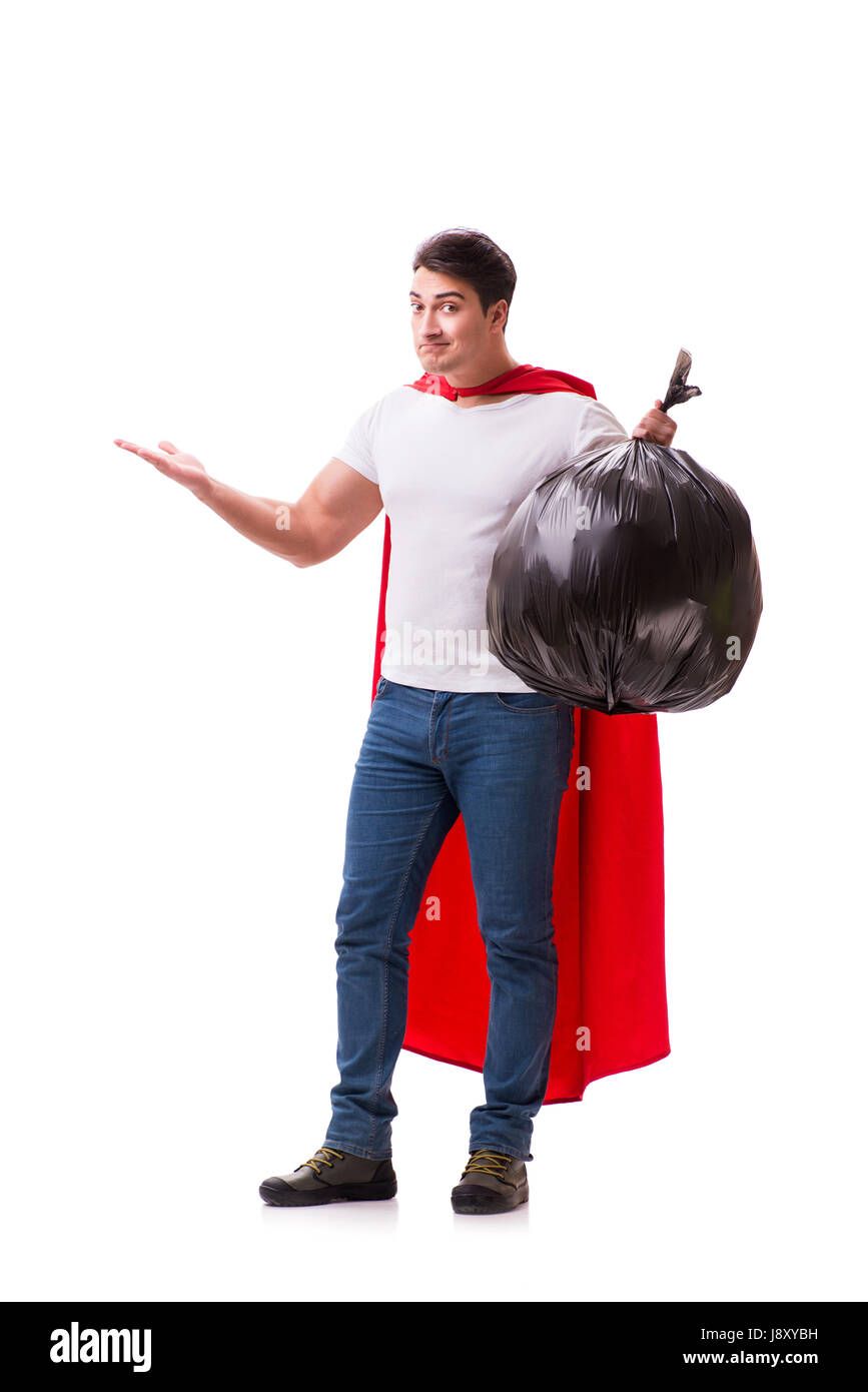 Superhero man with garbage sack isolated on white Stock Photo - Alamy