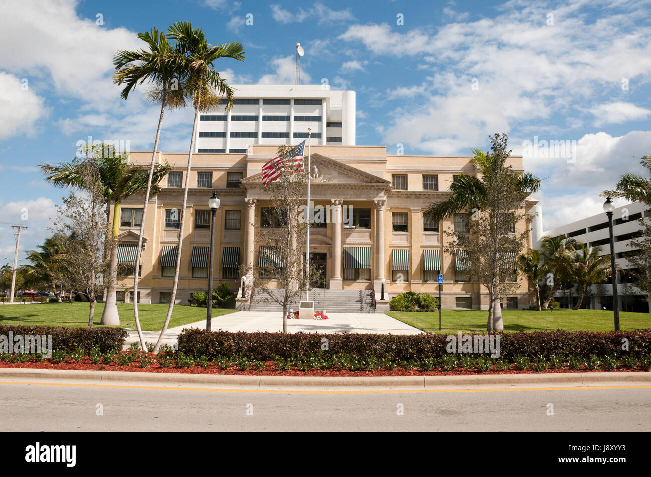 blue, tree, trees, columns, bushes, clouds, old, court-house ...