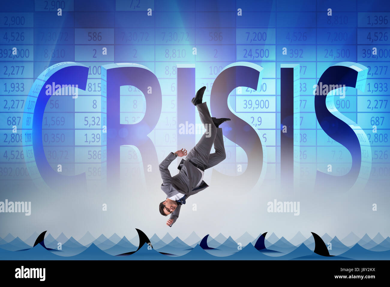 Businessman falling into sea with sharks Stock Photo - Alamy