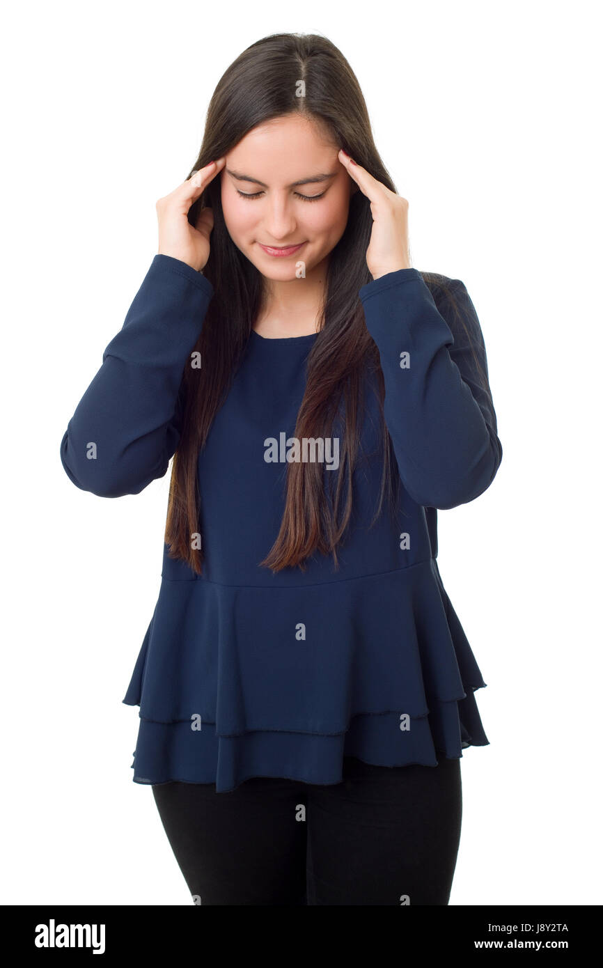 Young woman with a strong headache, isolated over white background ...