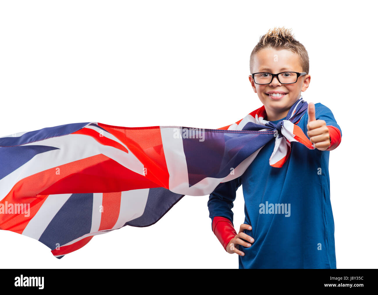 Smiling cute superhero thumbs up, he is wearing a British flag as a ...