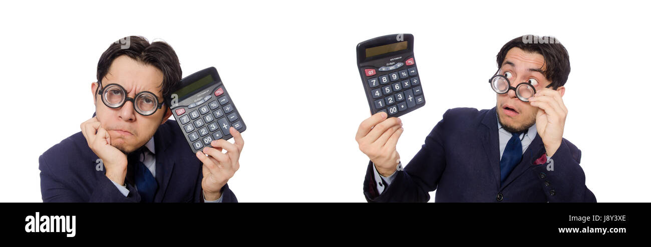 Funny man with calculator isolated on white Stock Photo - Alamy