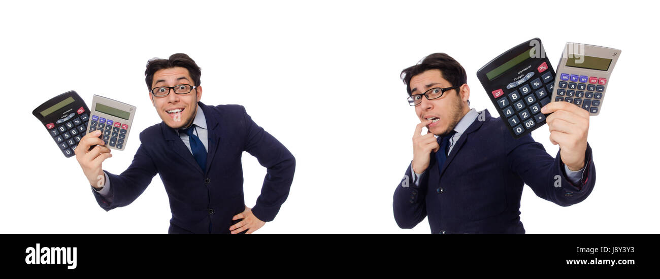Funny man with calculator isolated on white Stock Photo - Alamy