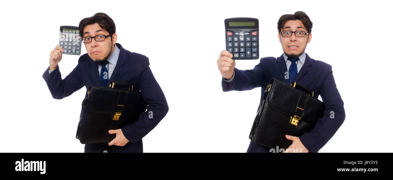 Funny man with calculator isolated on white Stock Photo - Alamy