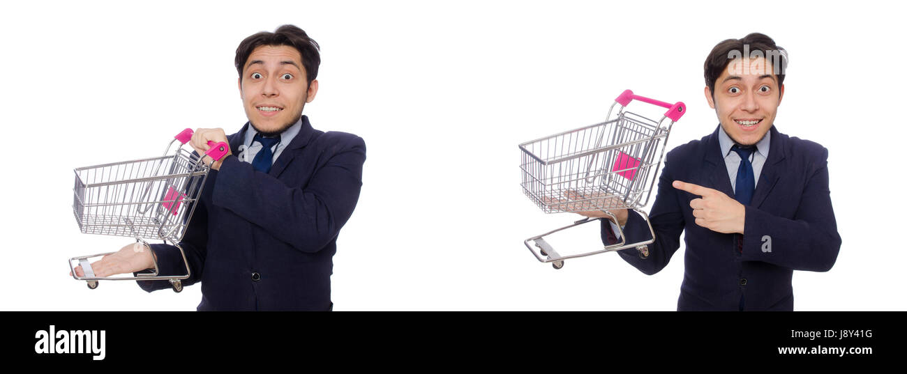 Funny man with shopping cart isolated on white Stock Photo - Alamy