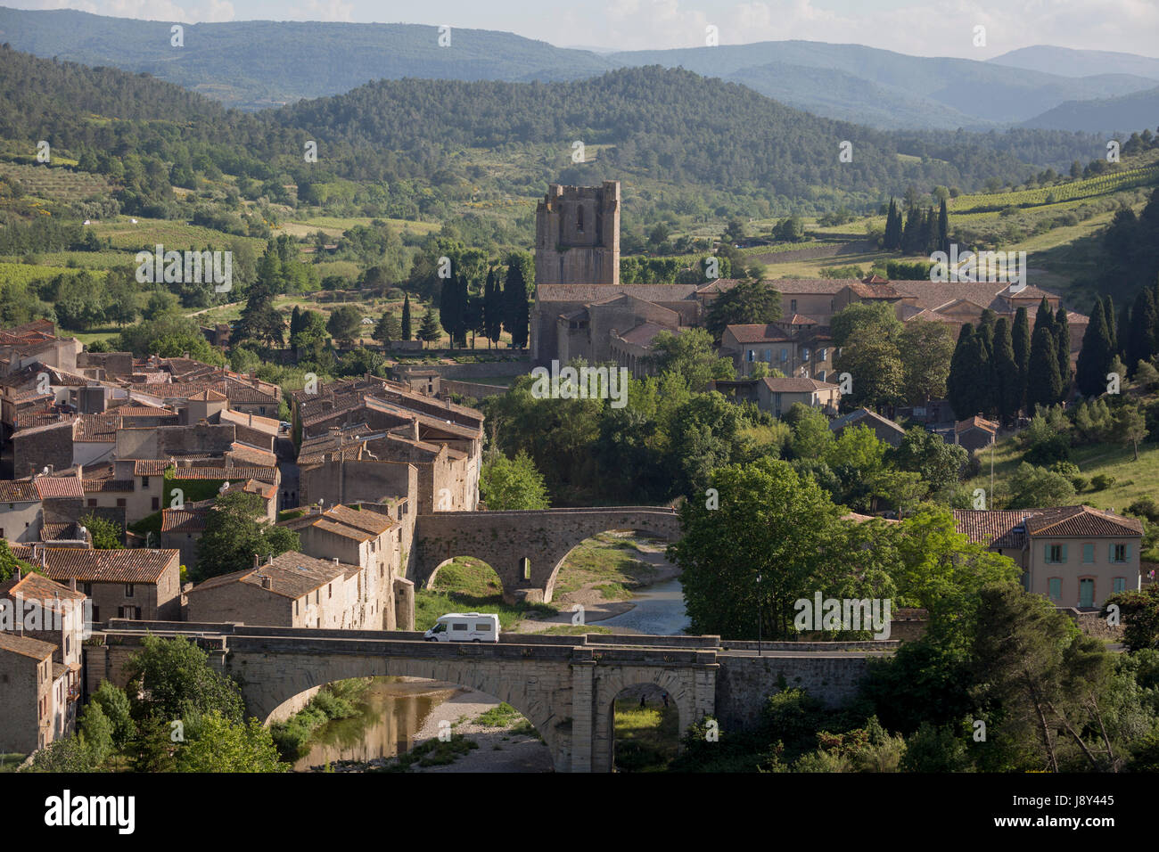 Aerial landscape overlooking the pretty French medieval walled village ...