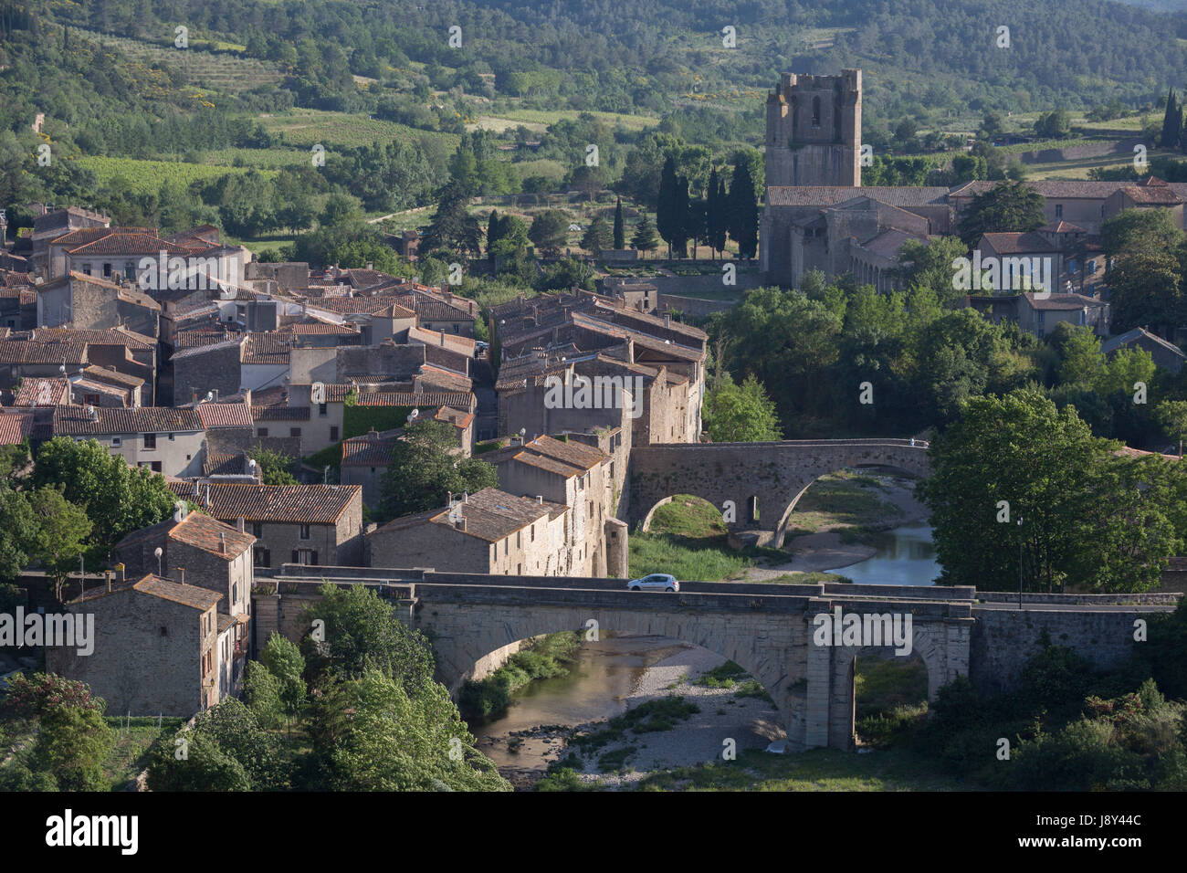 Aerial landscape overlooking the pretty French medieval walled village ...