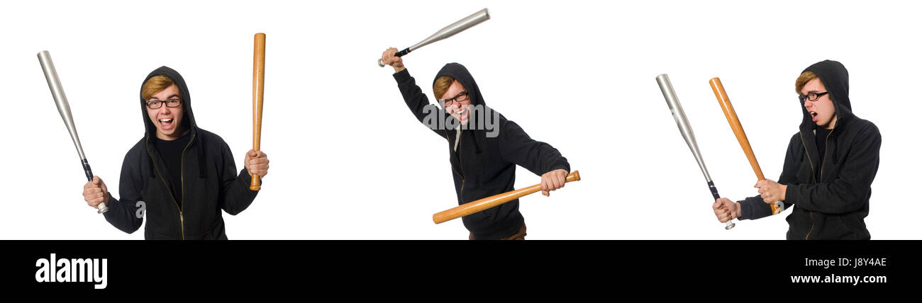 Aggressive man with baseball bat isolated on white Stock Photo - Alamy