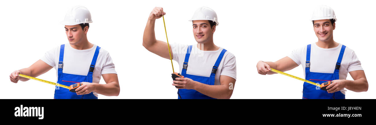 Man with tape measure isolated on white Stock Photo - Alamy