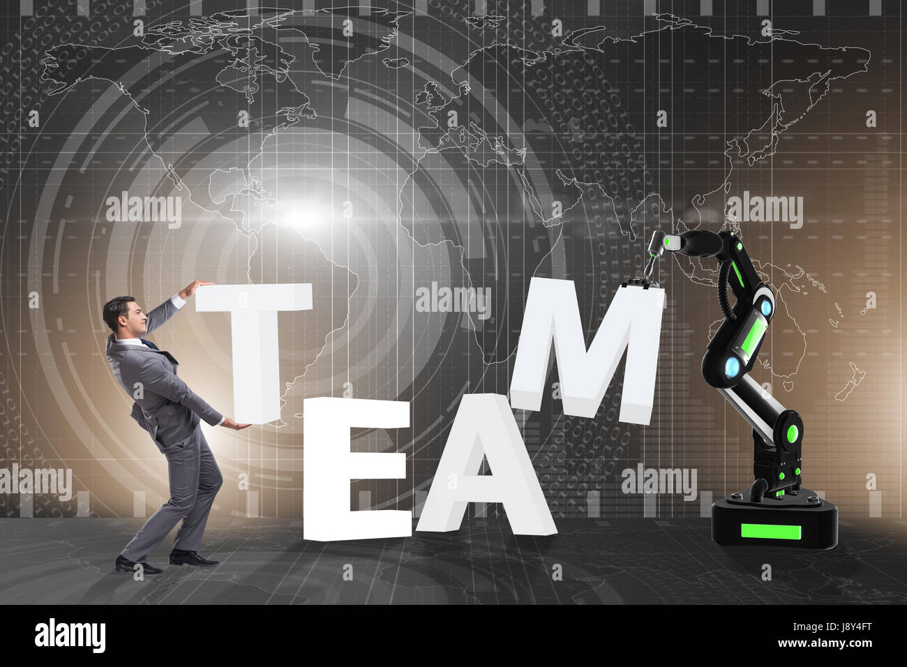 Man and robotic arm in teamwork concept Stock Photo - Alamy