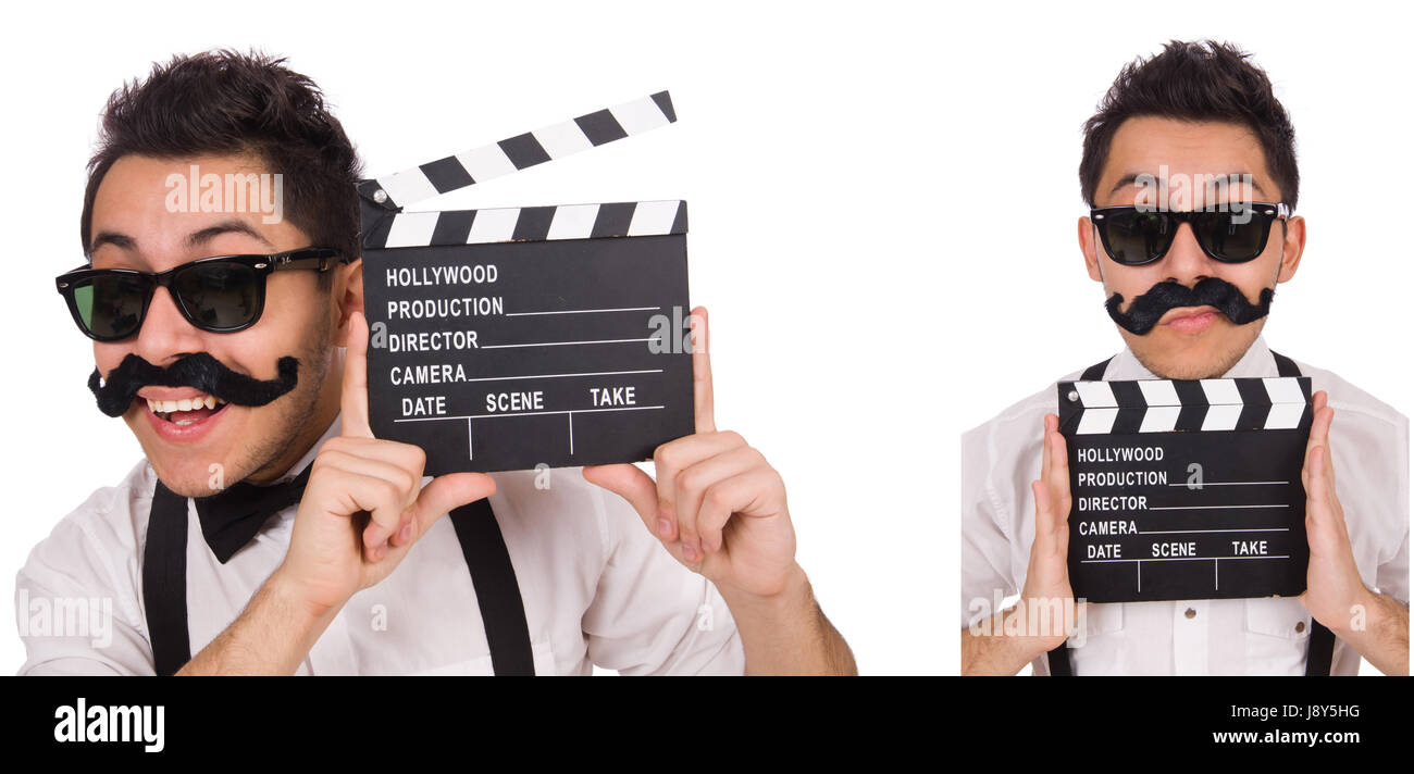 Whiskered young man with clapperboard isolated on white Stock Photo - Alamy