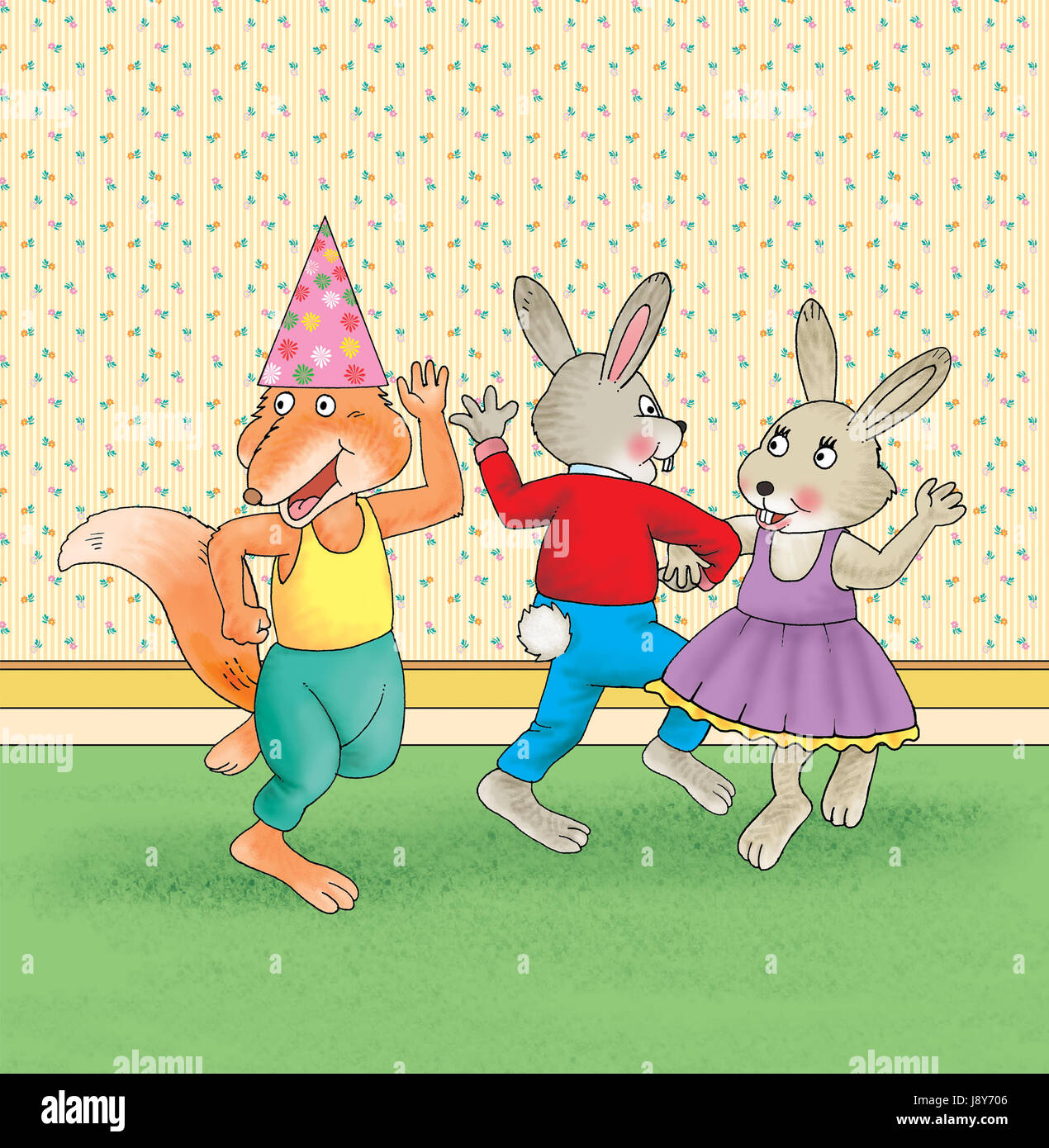 Group of cheerful animals having fun at birthday party Stock Photo - Alamy