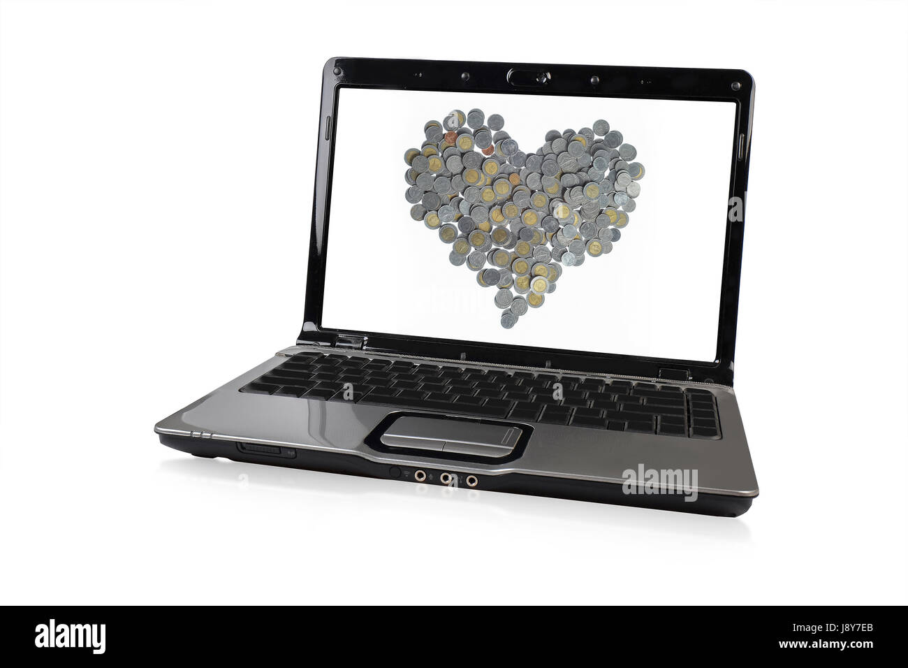 Laptop with heart shape coin screen. Isolated on white background Stock ...